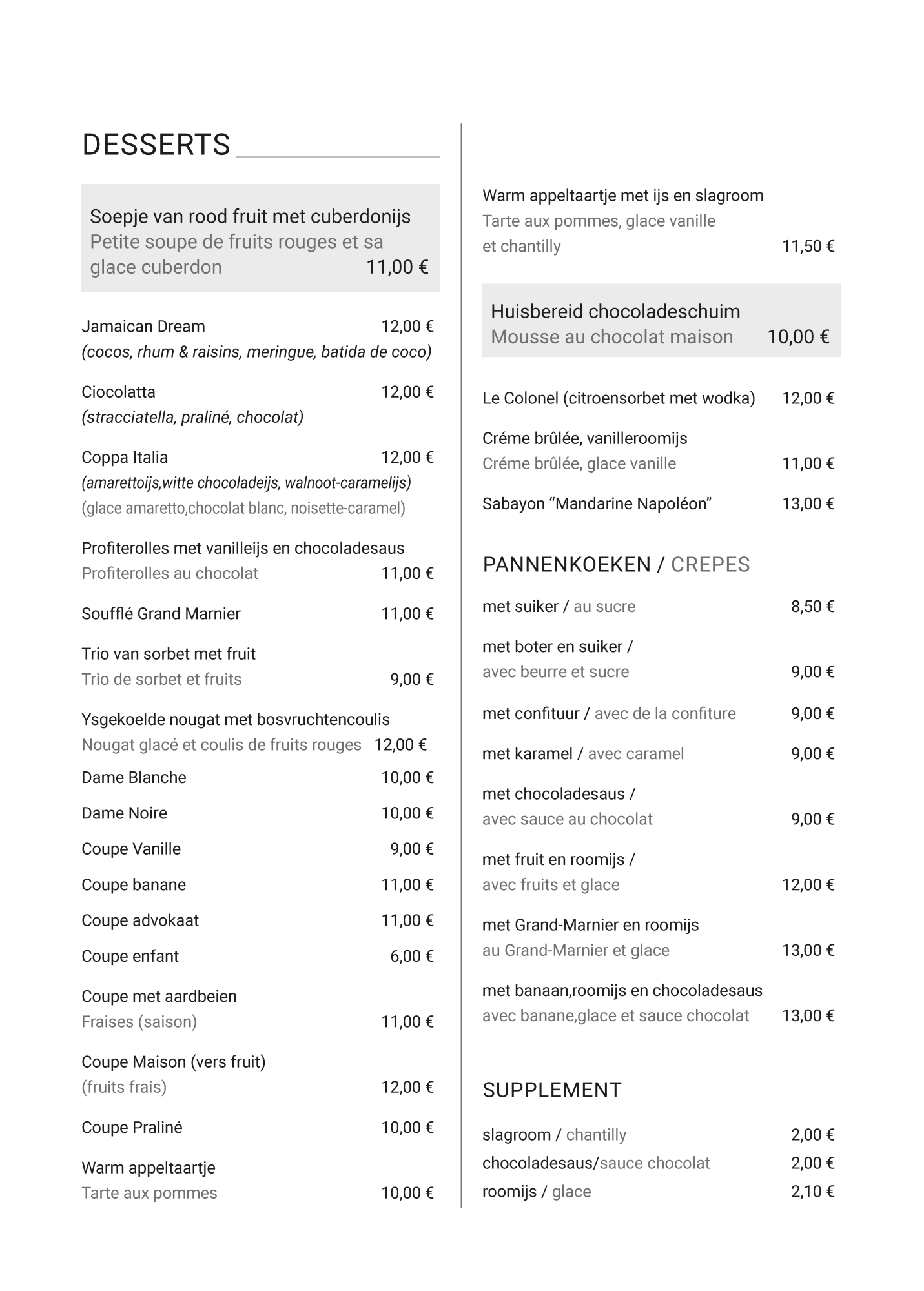 Menukaart | Au Beau Jardin | Rekkem